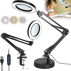 10X Magnifying Glass with Light,5 Color Modes Stepless Dimmable 2-in-1 Desk Lamp and Clamp, LED Lighted Desk Magnifier with Light and Stand,3 Color Magnifying Glass for Craft Repair Hobby Painting