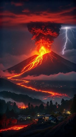 A breathtaking hyperrealistic cinematic view of a volcano unleashing its inner power. Molten lava bursts through the crater, cascading down rugged slopes as thick plumes of ash and smoke rise into the sky. Lightning crackles within the ash cloud, illuminating the chaos with fiery brilliance. Every frame captures the awe-inspiring and terrifying beauty of nature’s most powerful force — a volcano in full eruption. Perfectly detailed with realistic textures, glowing embers, and deep rumbling audio 