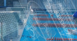 Female swimmer entering pool lane and sending ripples while activating sports HUD for lap tracking Stock Video