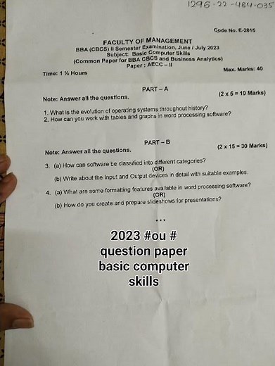 QUESTION PAPER OF BASIC COMPUTER SKILLS#OU#BSC, BBA ,CBCS AND BUSINESS ANALYTICS SEM2 DEGREE 1 st y