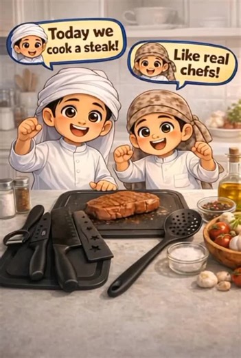 Cooking like real chefs 👨‍🍳✨ Fun, safe, and tasty moments with Marwan & Sultan — and the right kitchen tools make it even better! #CookingWithKids #LittleChefs #BazaroAE #steak