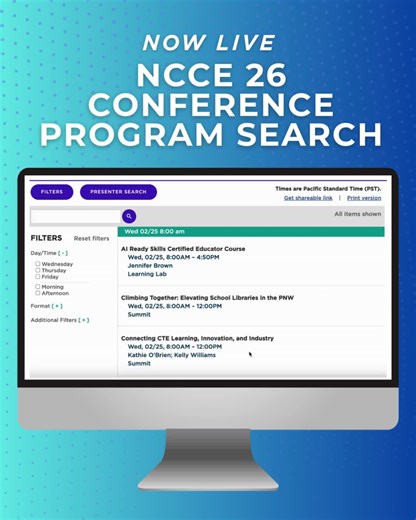 The NCCE 26 program search is now LIVE! 🚀 Head over to the site to explore all the incredible sessions, formats, and focus areas. Use the filters to see exactly what's happening at the conference and discover why you should be in Seattle, WA! Start planning your experience now. Find the page at https://tinyurl.com/529t49fb