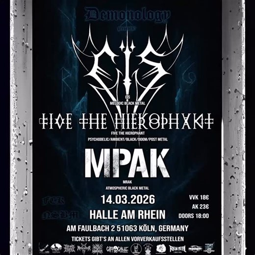 Bereits heute möchten wir euch einladen, gemeinsam mit uns ein kleines Jubiläum zu feiern: Am 14.03. veranstalten wir unsere 100. Show! 🥳 Diese wird in der @halleamrhein161 stattfinden, und wir freuen uns, euch an diesem Abend (nicht nur) ein starkes Line-Up präsentieren zu können. @mpak.band werden mit Atmospheric Black Metal den Abend eröffnen, gefolgt von Psychedelic Ambient Black/Post Metal von @fivethehierophant Zu guter Letzt nehmen uns @eisofficial mit in ihre Melodic Black Metal-Welten,