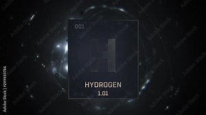 Hydrogen as Element 1 of the Periodic Table. Seamlessly looping 3D animation on red illuminated atom design background with orbiting electrons. Design shows name, atomic weight and element number