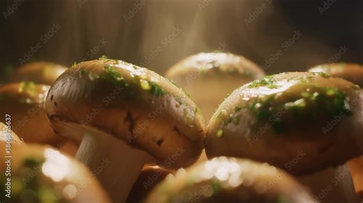Close-up of steaming brown button mushrooms cooking seasoned with fresh herbs and oil ready for a delicious meal.