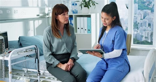 Tablet, nurse and healthcare with woman in hospital for diagnosis, advice and checkup appointment. Medical evaluation, digital report and disease assessment with people in clinic for symptoms history