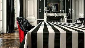 Bold Contrast A dramatic black and white striped tablecloth is the focal point of this dining room creating a striking contrast against the dark wood floors and minimalist furniture.