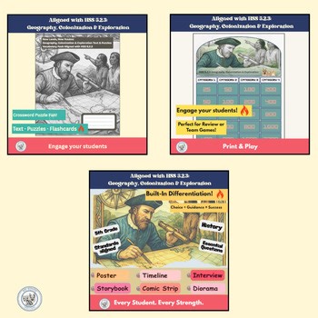 HSS 5.2.3 Explorers & Trade Routes Bundle- Puzzle Pack, Choice Board, Trivia