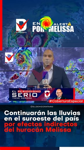El Instituto Dominicano de Meteorología (Indomet) informó que el huracán Melisa continúa desplazándose fuera del territorio cubano como un huracán de categoría 2, con vientos máximos sostenidos de 165 kilómetros por hora y una velocidad de 22 kilómetros por hora. El predictor Juan de la Rosa indicó que las bandas nubosas dejadas por el huracán Melissa generarán lluvias en el suroeste del territorio dominicano pese a que el centro del huracán se encuentra a una distancia considerable. Las provinc