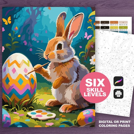Easter Bunny Paint by Number Adult Coloring Pages | Digital for Procreate and Printable PNG, PDF or SVG - Etsy