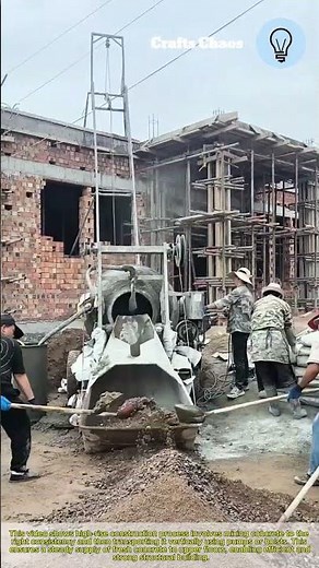 High-rise construction process: concrete mixing and vertical concrete lifting transport