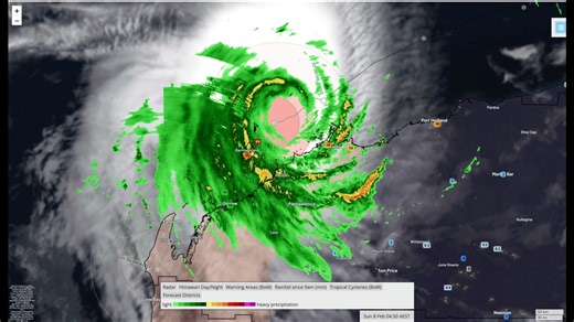 Tropical Cyclone Advice – Severe Tropical Cyclone Mitchell (21U) Issued Sunday 8 February, 6:05 am WST Severe Tropical Cyclone Mitchell remains west-northwest of Dampier, tracking west-southwest and maintaining Category 3 intensity. 🔴 Warning zone: Roebourne to Cape Cuvier, including Karratha, Onslow and Exmouth, extending inland through the western Pilbara to Pannawonica. 🟡 Watch zone: South of Cape Cuvier to Wooramel Roadhouse, including Carnarvon. ❌ Cancelled zones: None. At 6:00 am WST, Mi