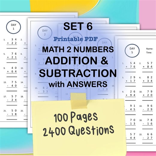 Addition & Subtraction Worksheets Set 6 100-page | Printable Math Practice PDF (2400 Questions) - Etsy