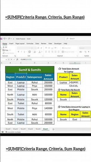 How to Use SUMIF Formula in Excel | Easy Excel Tutorial #excel #excelforbeginners #exceltricks