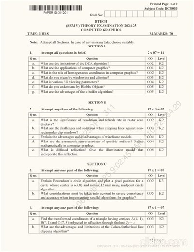 Computer Graphics BCS-053 CSE 5th sem Question paper Aktu