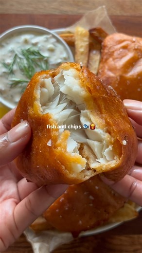 a flavorful bite • food & recipes on Instagram: "fish and chips 🐟🍟 - crispy battered cod with homemade fries and tartar sauce 🔗 full recipe is on my website link in bio 💗 #fishandchips #tartarsauce #easyrecipes #foodie"