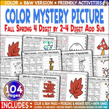 Color Mystery Picture Fall Spring 4 Digit by 2-4 Digit Add Sub Game Cut & Paste