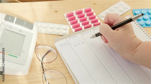 health daily tracking, hand writing blood pressure readings from monitor on sheet of paper, documenting blood pressure results, self-monitoring measurement, cardiovascular health