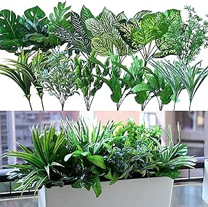 Realistic Artificial Faux Plants Outdoor Summer Decorations, UV Resistant, No Fade, 15PCS Look Real Outside Fake Greenery Plant Arrangements, Plastic Bushes Shrub for Pot Garden Front Porch Window Box