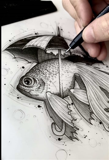 Fish with an umbrella! Art for Sale! Ig:@rodrigoassitattoo #artworks #penart #rodrigoassitattoo #drawingchallenge #art