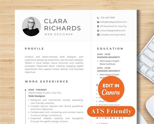 Web Designer Resume Template Canva With Cover Letter 1 Page CV   2 Page Resume Job Application Minimalist Professional Web Design Resume - Etsy