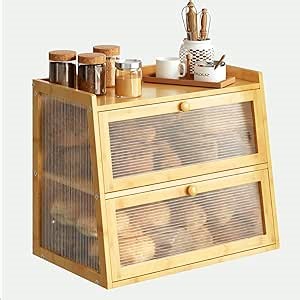 Bread Box for Kitchen Countertop, Double Layer Bamboo Bread Box for Kitchen Counter, Bread Storage Container with Acrylic Wavy Door Panel, 2 Layer Breadbox Holder, Natural