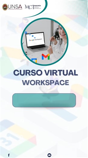 🚀 ¡Potencia tu vida académica con herramientas digitales! 🚀 Descubre cómo Google Workspace puede ayudarte a crear, organizar y colaborar de manera más eficiente en el ámbito académico. Presentamos el curso virtual: "Google Workspace Académico" por la Maestría en Ciencias Informática de la UNSA. Aprenderás a: ✅ Gestionar tu correo y calendario académico de forma profesional. ✅ Diseñar documentos, hojas de cálculo y presentaciones colaborativas. ✅ Organizar tu trabajo con Google Drive y Formular