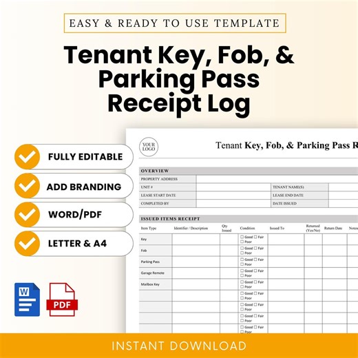 Tenant Key, Fob, and Parking Pass Receipt Log – Word & PDF, A4   US Letter - Etsy Canada