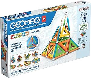 Geomag Supercolor Magnetic Toys for Kids Ages 5+, 78pc Educational STEM Magnets for Kids - Swiss-Made Magnetic Blocks, Tiles and Building Toys from 100% Recycled Plastic