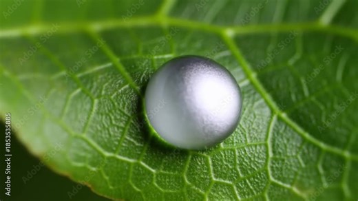 A mesmerizing macro timelapse of a water droplet transforming into liquid mercury with surface tension shifting on a leaf surface, concept of elemental metamorphosis and surreal physics