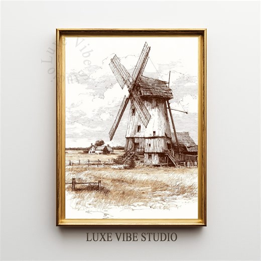 Windmill Sketch Print - Rustic Farmhouse Wall Art (digital Download) - Etsy
