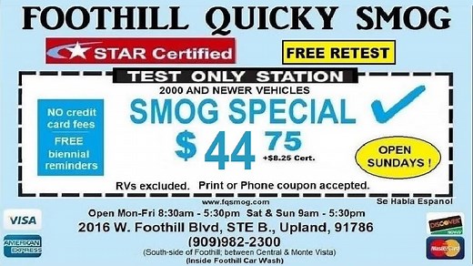Foothill Smog: $10 OFF Star Smog Check Coupon! FREE Retest!