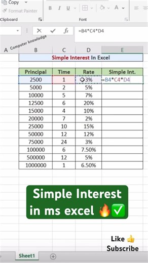 Simple interest in ms excel 🔥✅ #excel #exceltutorial #exceltips #youtube #algorithm #subscribe