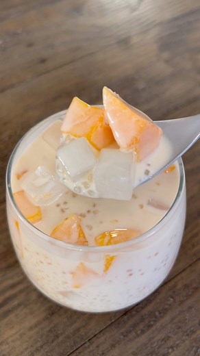 Mango sago with nata de coco jellies aka Mango Bango! I like this more than mango sago because of the flavor and texture that the Nata de Coco adds to this dessert. | christy.cooks