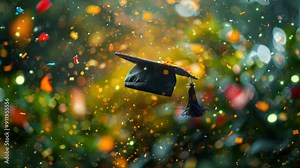 A black graduation cap is flying through the air
