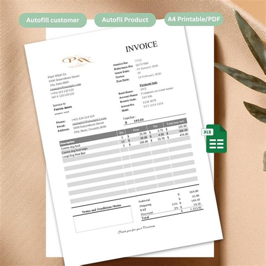 Excel Invoice Template | Auto-fill Customer Details, Products & Unit Price | A4 Printable (no Macros) - Etsy UK