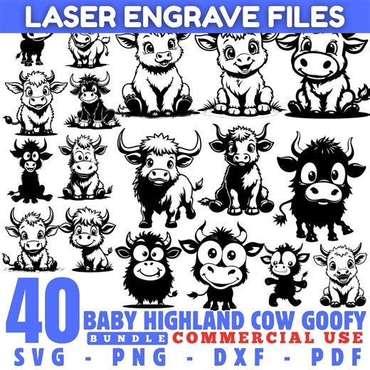Laser Engrave Files Goofy Highland Cow Svg Png Pdf & Dxf Bundle Instant Downloads - Etsy