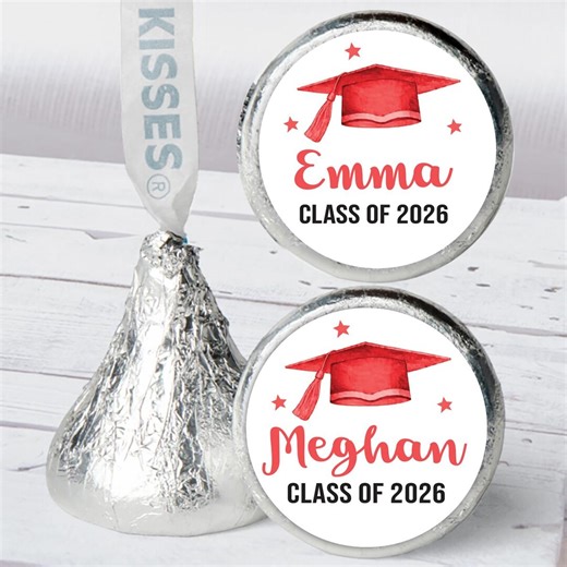 Graduation Kisses Stickers - Class of 2026 - Red Cap Party Favors - Custom Grad Candy Labels - Black Cap - Congrats Grad - Set of 108 - Etsy