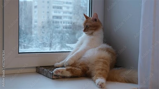 Relaxed Ginger Pet Cat By Window Sill, Sitting Ginger Cat Relaxes On Ledge With City View