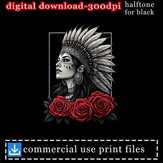 Native American Woman,roses T-shirt,digital Print,halftone Design,black Substrates,artistic Apparel,unique Artwork,trendy Clothing - Etsy