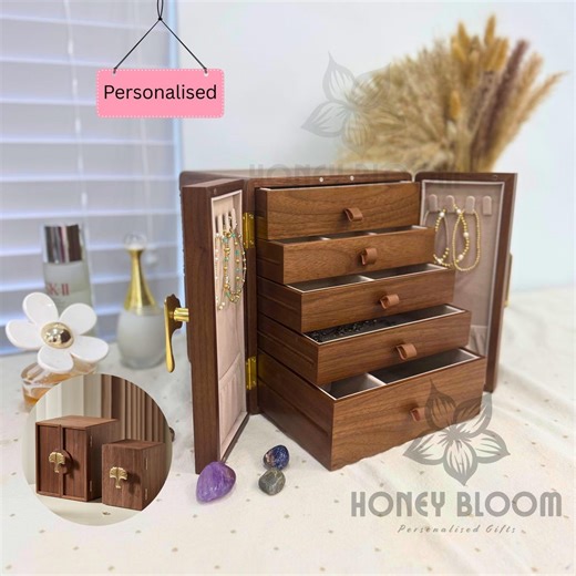 Walnut Wood Jewelry Box, 5-layer Organizer, Magnetic Closure - Etsy