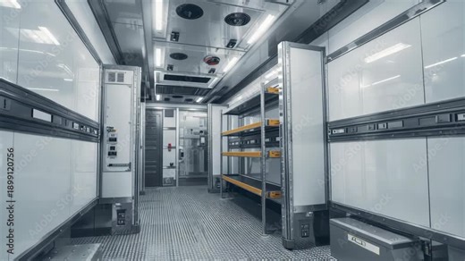 Sterile mobile laboratory interior with metal shelving, LED lighting, utility panel clean modular