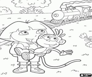 Dora and the monkey near the train coloring page printable game