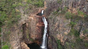 aerial video of a big waterfall at Chapada dos Veadeiros, Complexo do Macaco, Catedral Waterfall, Goias, Brazil