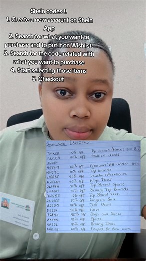 27K views · 67 reactions | Shein codes !! Use these codes to get discounts when purchasing on Shein (3WZEV,TMK6Q,MJKU3,KLKD8). 1. Create a new account 2. Put the items you wanna purchase on Wishlist 3. Search for the code 4. Select your items and then checkout. #facebookviral #facebookvideo #FacebookPage #facebookpost | Nolwazi Zulu KaMalandela | Facebook