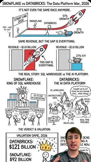 The data platform war has completely shifted. Snowflake still rules BI, but Databricks is running away with AI and ML workloads. Who are you betting on in 2026? 🚀👇 #dataengineering #snowflake #databricks #machinelearning #techtrends