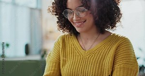 Morning, glasses and woman with laptop, online and happy for remote work, typing and smile for email. Virtual assistant, home and employee with eyewear for vision, girl and schedule with research