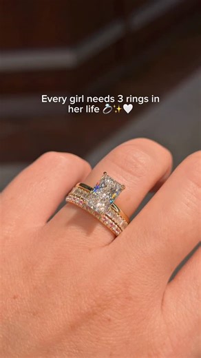 Princess Bride Diamonds | Engagement Rings & Fine Jewelry on Instagram: "Building our lives together, and the stack to represent each milestone in our relationship 💕 💍 Pink Sapphire Ring (pink is my favorite color 💕) – Promise Ring 💍 Baguette Band – Wedding Ring 💍 Radiant Kayla – Engagement Ring Every ring tells a story, of love, commitment, and all the moments we’ve built together ✨🤍"