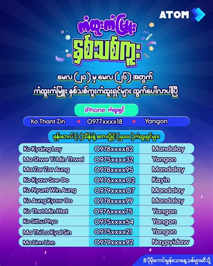 မေလ (၂၀) ရက်မှ မေလ (၂၆) ရက်နေ့ အတွက် ကံထူးကံမြူး၊ နှစ်သစ်ကူး အစီအစဥ်မှာ ကံထူးသွားကြတဲ့ iPhone ကံထူးရှင် (၁)ဦးအပြင် ဖုန်းဘေလ် (၁)သိန်းနဲ့ စတားပွိုင့် (၅၀၀၀) ကံထူးရှင်တွေအားလုံးအတွက် Congratulations ပါနော်!! 🥳သင်ကိုယ်တိုင်လည်း အထူးဆုကြီးကံထူးဖို့ ကြိုက်နှစ်သက်ရာ Channel တွေကနေ ၉၉၉ ကျပ်နှင့်အထက် အက်တမ်ပက်ကေ့ချ်တွေကိုဝယ်ယူပြီး ကျပ်သိန်း ၁,၀၀၀ ကျပ် အပြင် အခြား အထူးဆုကြီးများကိုလည်း ကံစမ်းရယူနိုင်ဦးမှာပါနော်။ ကံစမ်းခွင့်လက်မှတ်တွေများကို စစ်ဆေးရန် ATOM Store App ကို နေ့စဉ်ပထမအကြိမ်ဝင်ရောက်တိုင်း ကံစမ