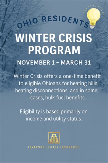 OHIO RESIDENTS — IMPORTANT ANNOUNCEMENT WINTER CRISIS PROGRAM IS NOW OPEN NOVEMBER 1 – MARCH 31 If you or someone you know needs help staying warm this winter, please read carefully: WINTER CRISIS PROVIDES A ONE-TIME BENEFIT FOR: • Heating bills • Preventing heating disconnections • Restoring disconnected heating services • In some cases — bulk fuel assistance WHO QUALIFIES? Eligibility is based mainly on income and your utility status. NOTE: In Ohio, you MUST schedule an appointment to receive 